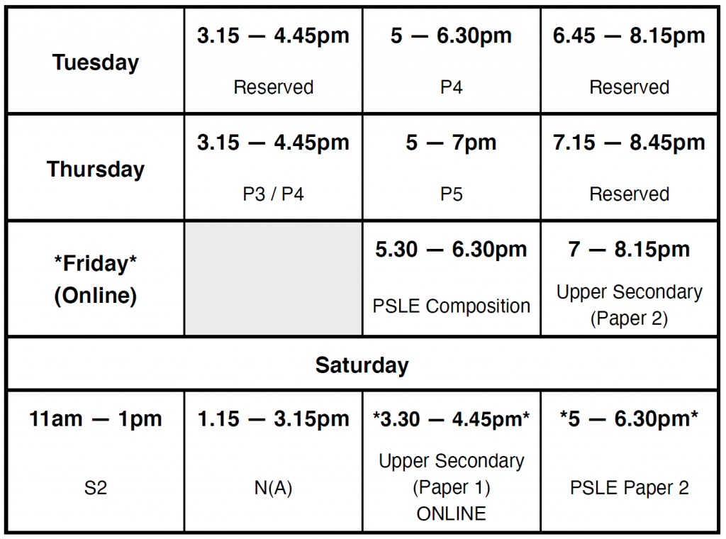 English Timetable | My Mustard Seed Tuition Centre